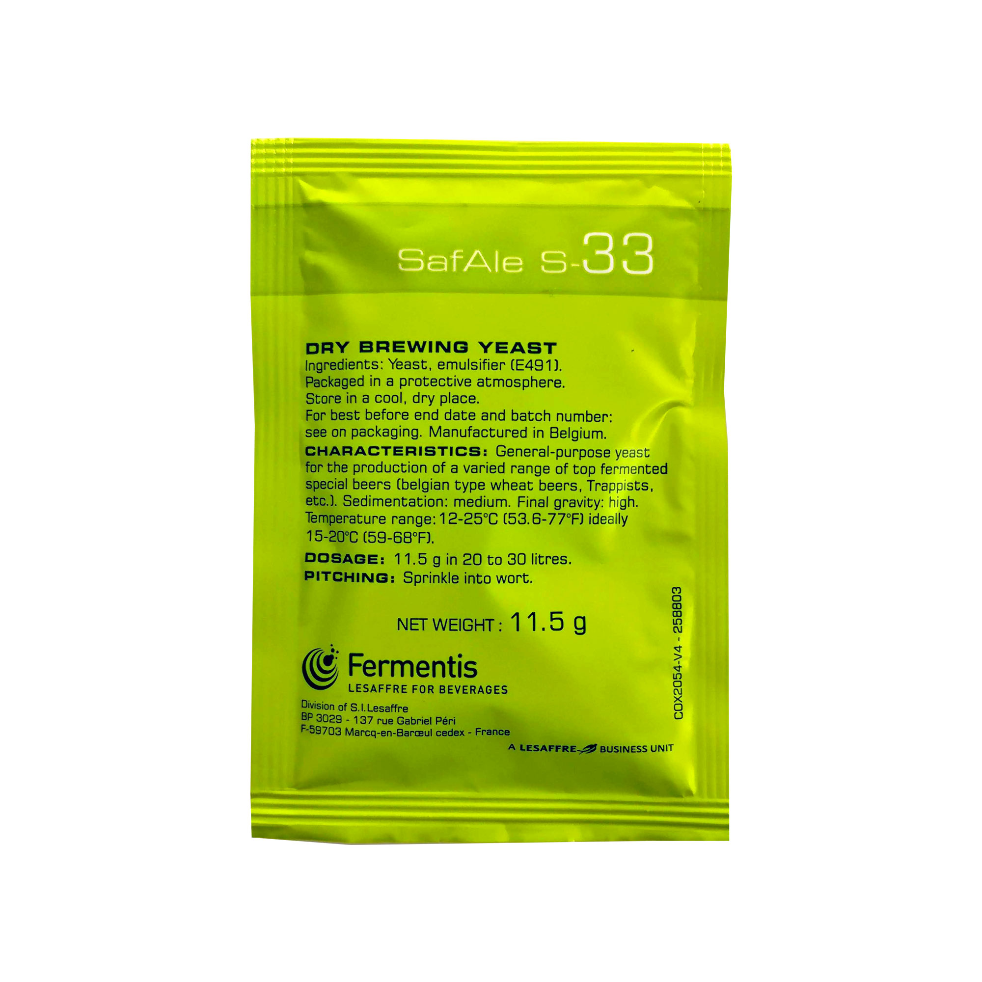 Levure SafAle S-33 11,5g - Fermentis Lesaffre - Le Comptoir du Brasseur ...